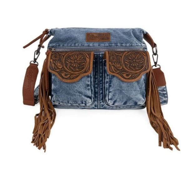 Wrangler by Montana West | Bags | Wg32009s Wrangler Fringe Floral Tooled Denim Crossbody | Poshmark